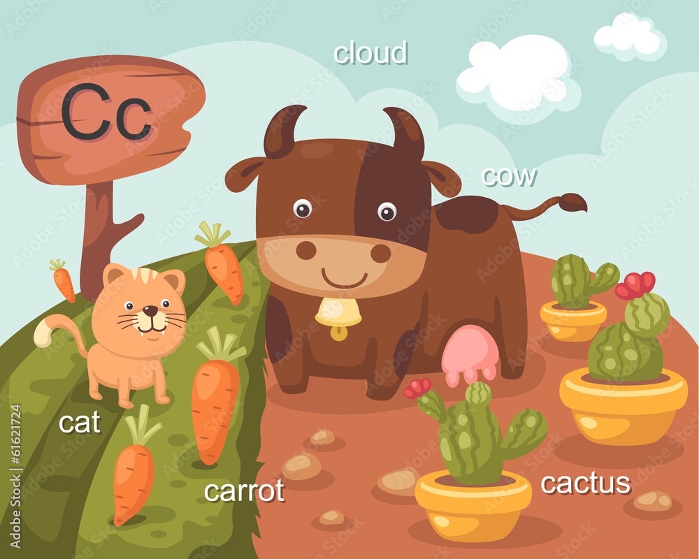 Alphabet.C letter.cat,carrot,c loud,cow,cactus. Stock Vector | Adobe Stock