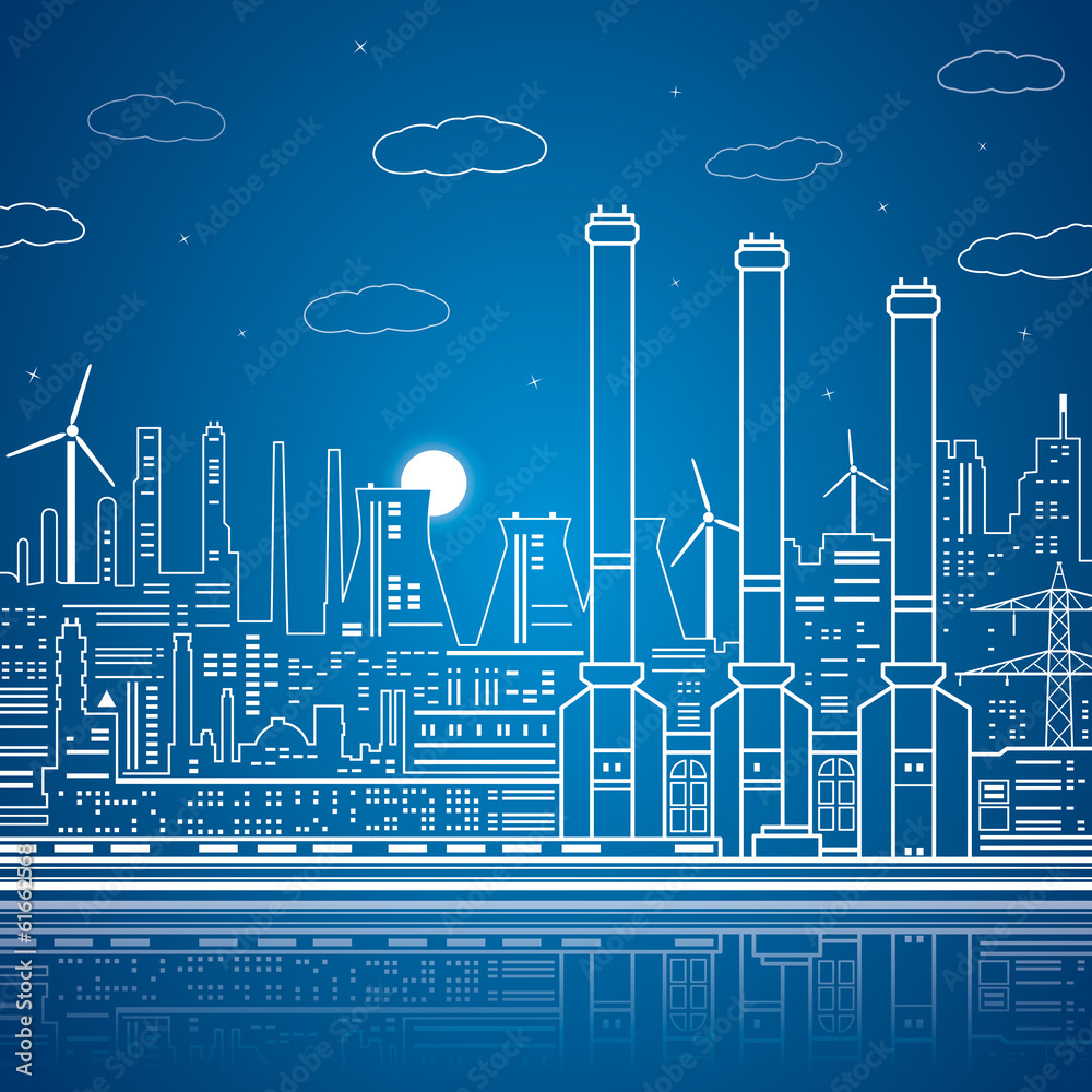 Vector lines power plant on the water, industrial vector design Stock ...