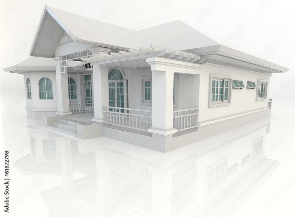 3D vintage house exterior design with refelction in white backgr Stock ...