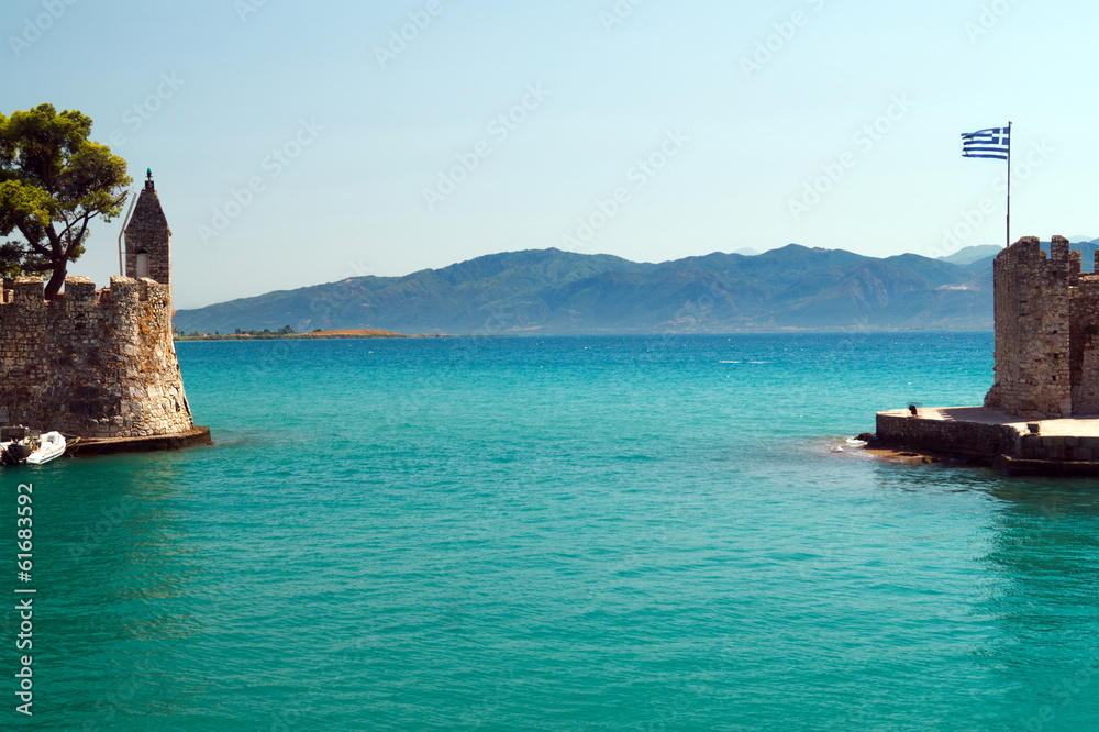 Greece Nafpaktos port with Venetcia lighthouse in ports entrance Stock ...
