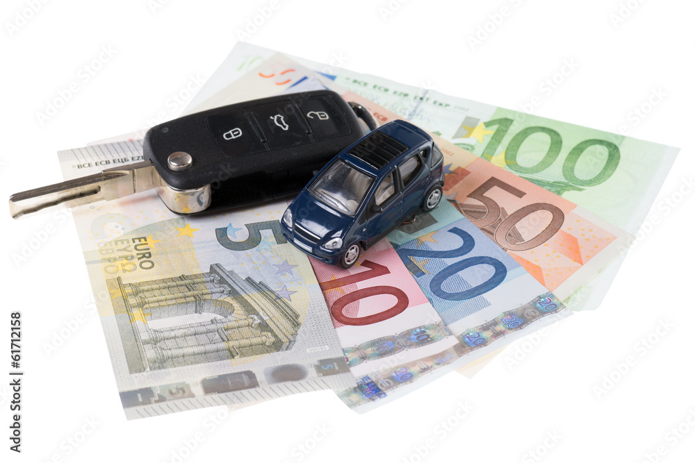 Auto und Euro Geldscheine mit Autoschlüssel isoliert Stock-Foto | Adobe ...