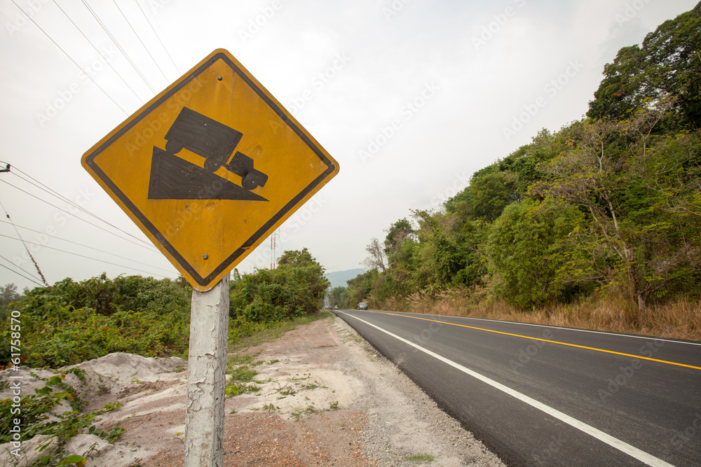 slope sign, yellow truck slope sign on highway, Thailand Stock Photo ...