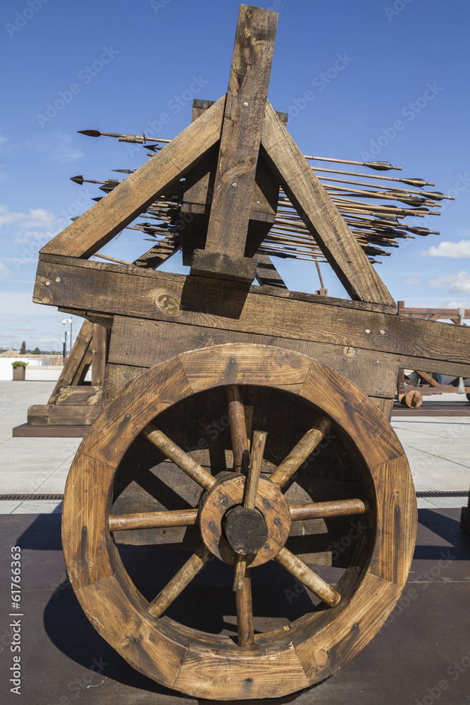Medieval siege weapons, crossbows, onagers, catapults and batter Stock ...