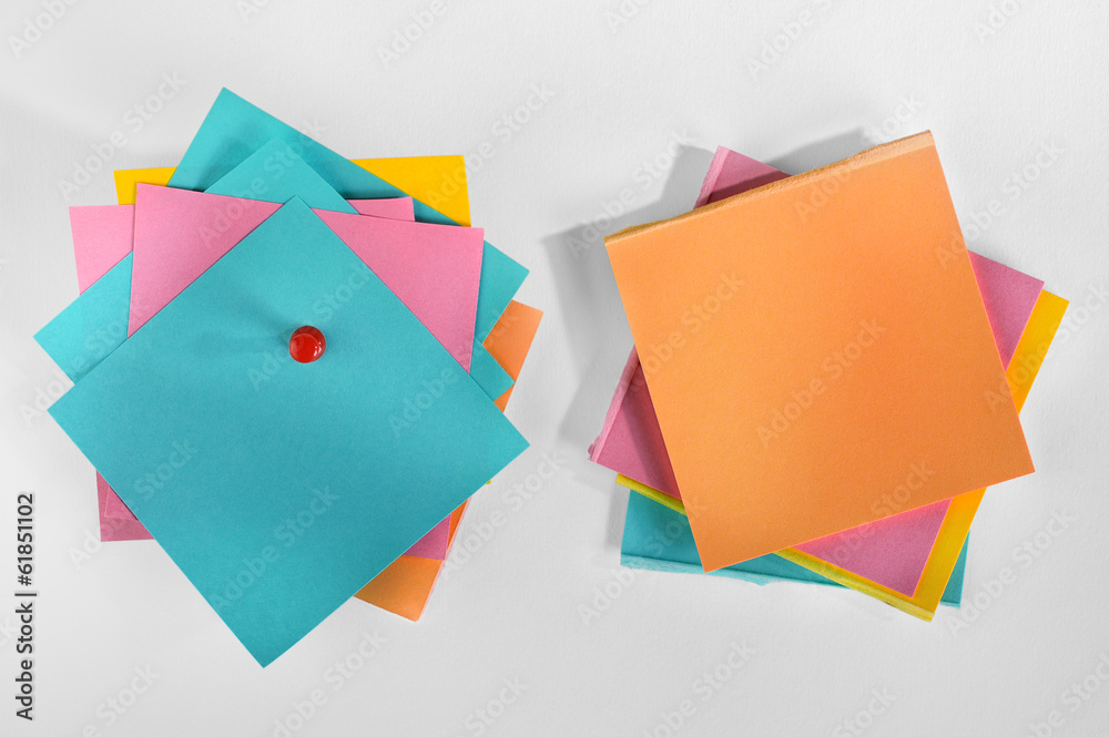 Pile of blank colorful paper notes with pin on white background. Stock ...