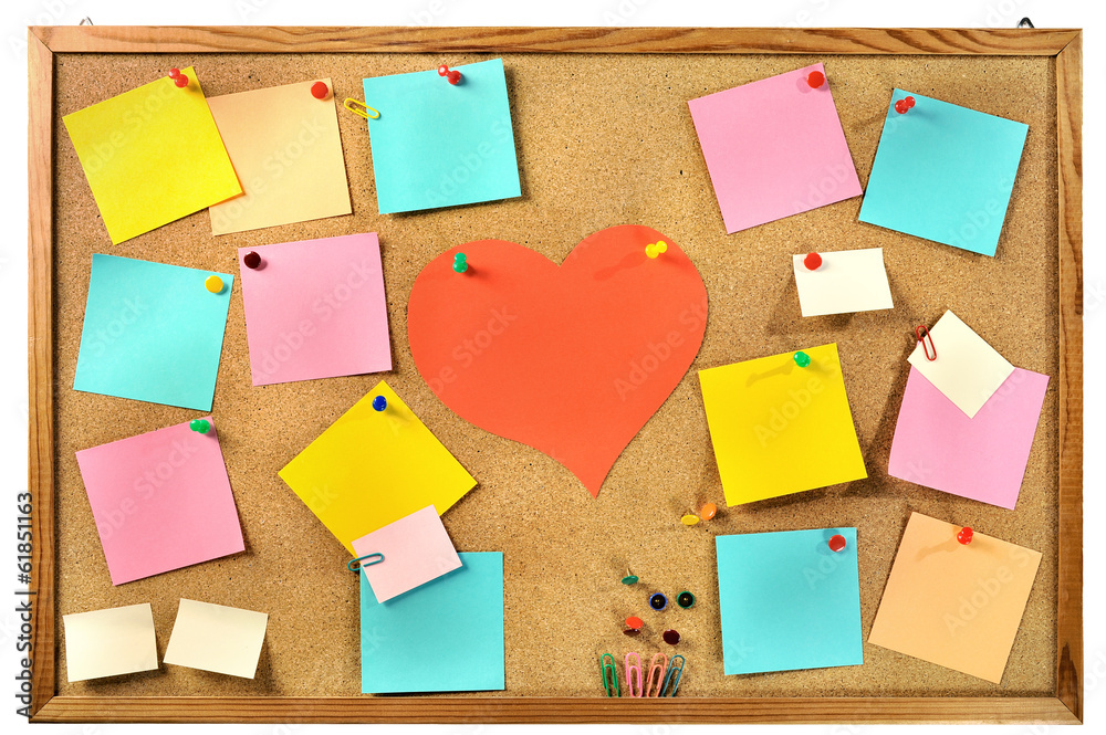 Editable blank paper notes and office supplies on message board. Stock ...