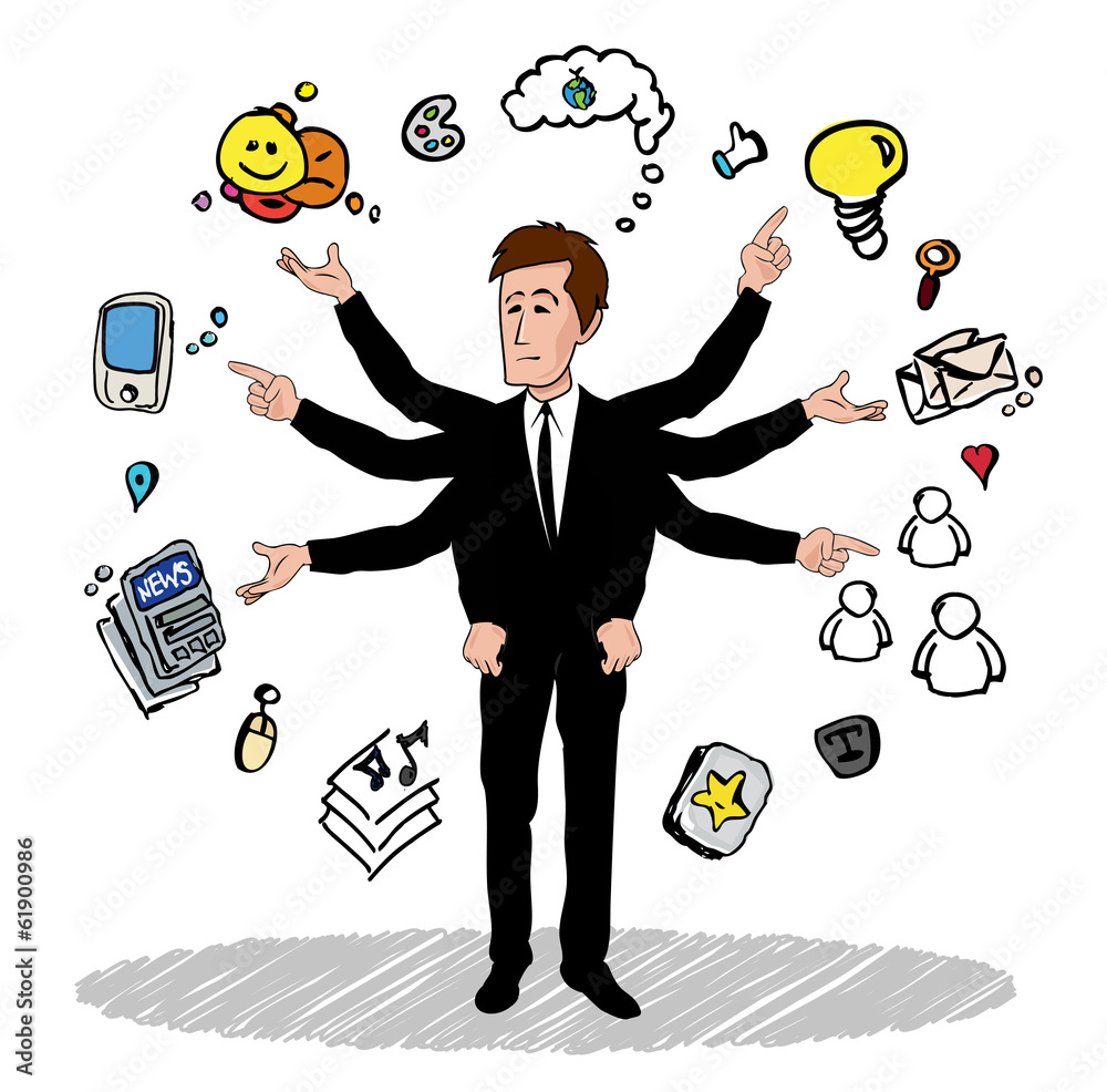 Multi arms Business man multitask social media cartoon drawing Stock ...