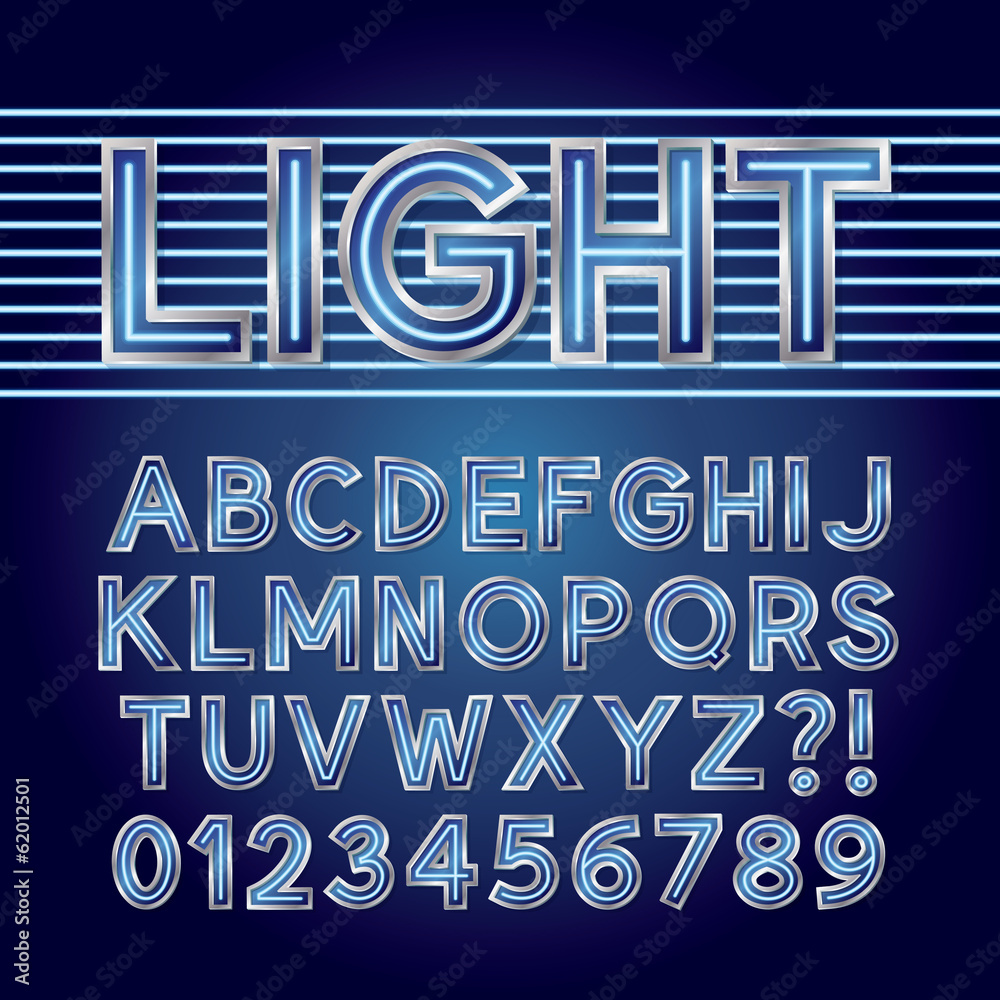 Blue Neon Light Alphabet and Numbers, Eps 10 Vector Editable Stock ...