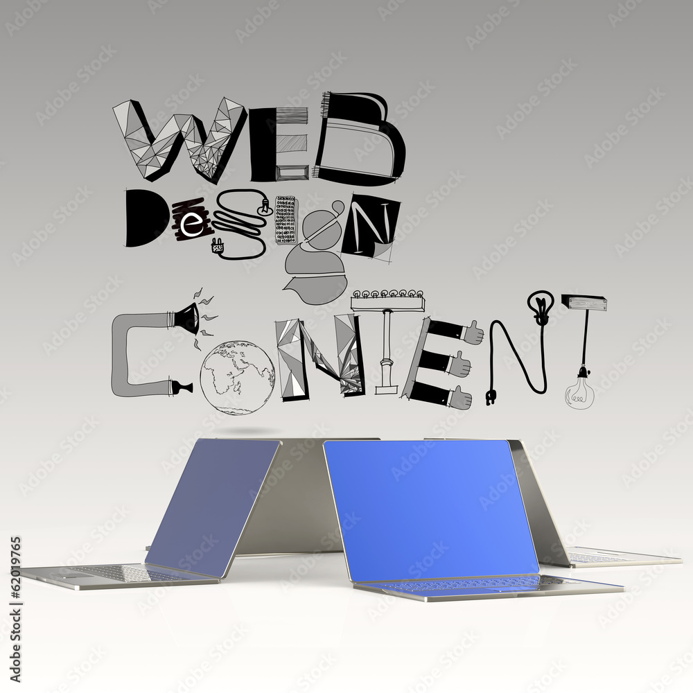 design word WEB DESIGN CONTENT and laptop 3d computer as concept Stock ...