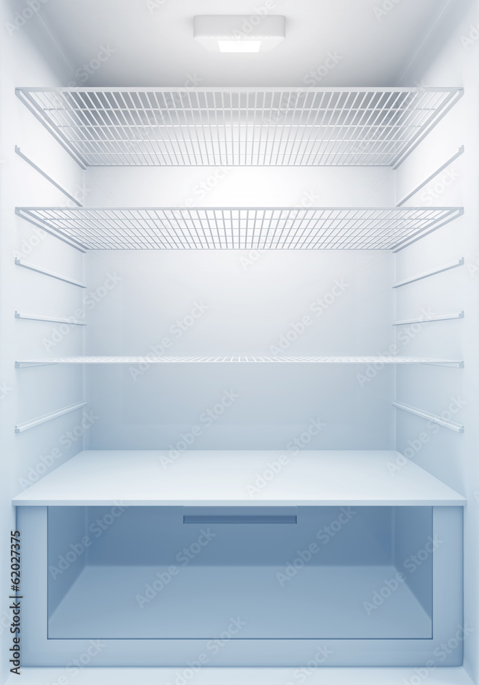 Inside view of an empty Modern Fridge with Blue Light Stock ...
