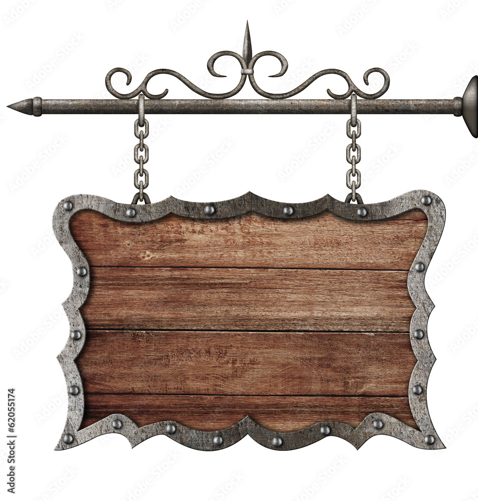 medieval wooden sign board hanging on chains isolated on white Stock ...