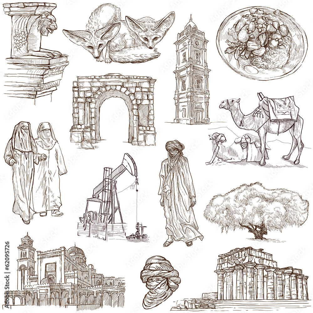 LIBYA. Collection of hand drawn illustrations on white Stock ...
