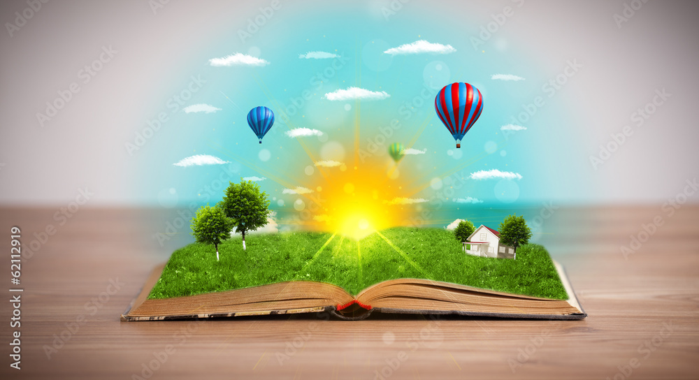 Open book with green nature world coming out of its pages Stock Photo ...