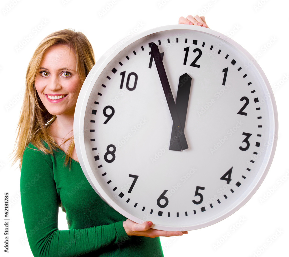 Frau mit großer Uhr in der Hand Stock-Foto | Adobe Stock