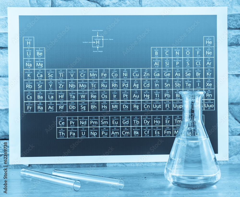 Laboratory glassware and periodic table of elements. Stock Photo ...