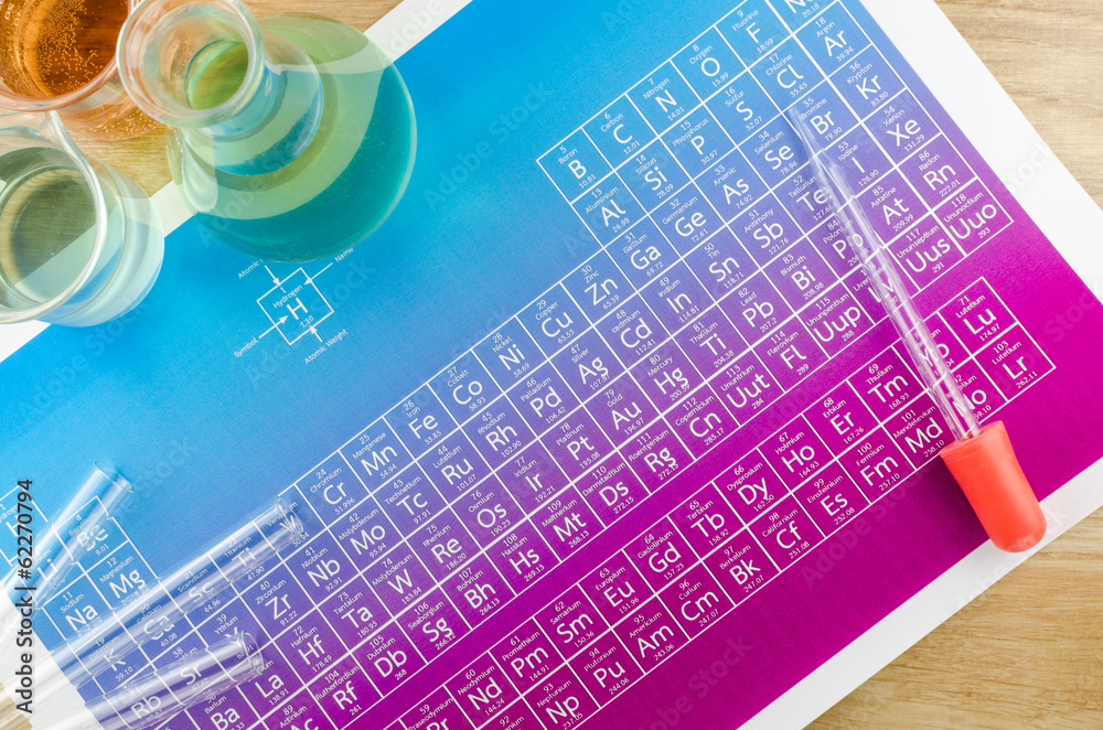 Laboratory glassware and periodic table of elements. Stock Photo ...
