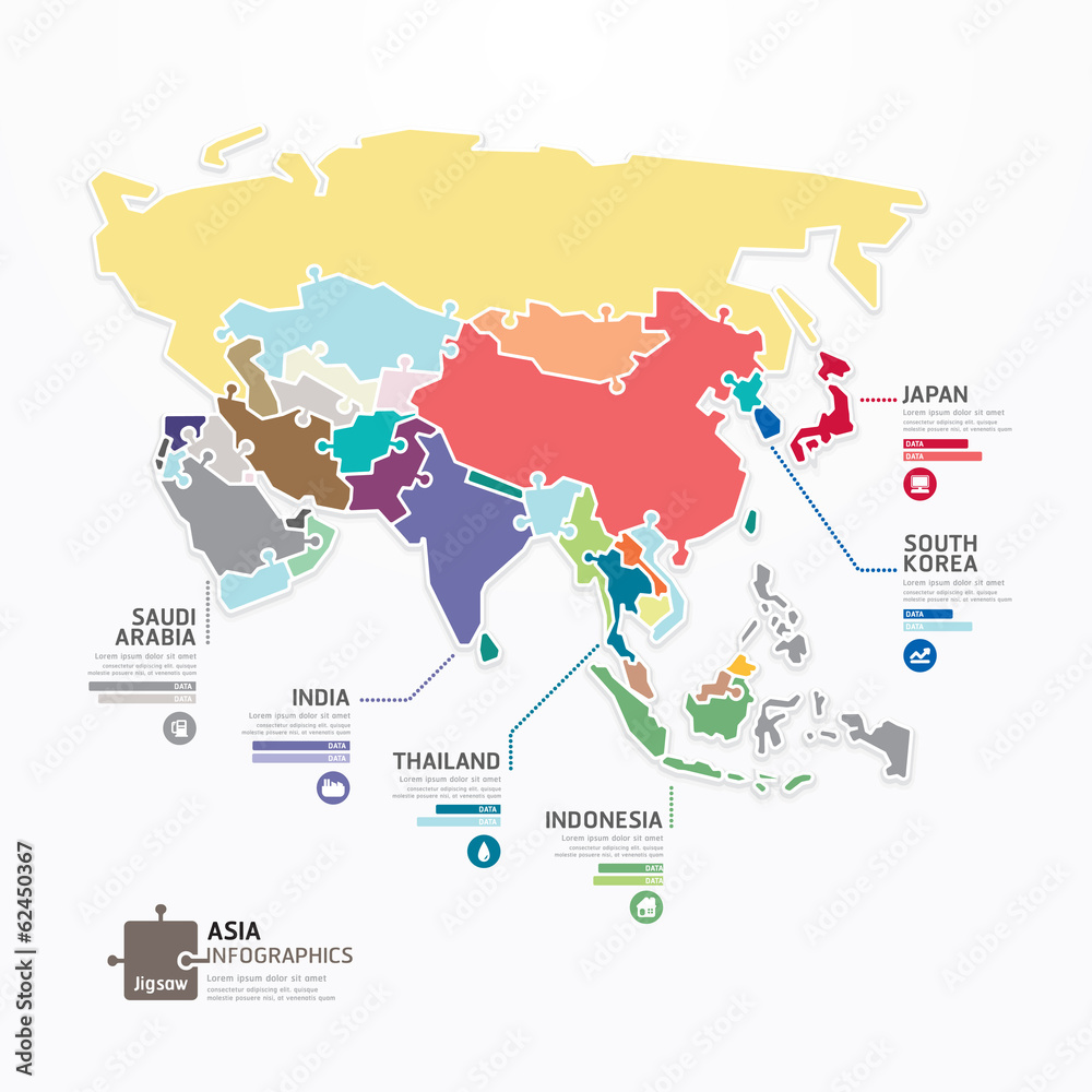 Poster Asia Infographic Map Template jigsaw concept banner. vector illu ...