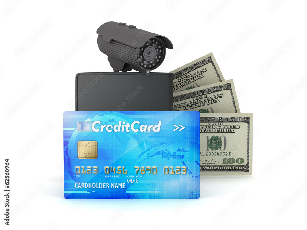 Credit card, dollar bills, wallet and monitoring camera Stock ...