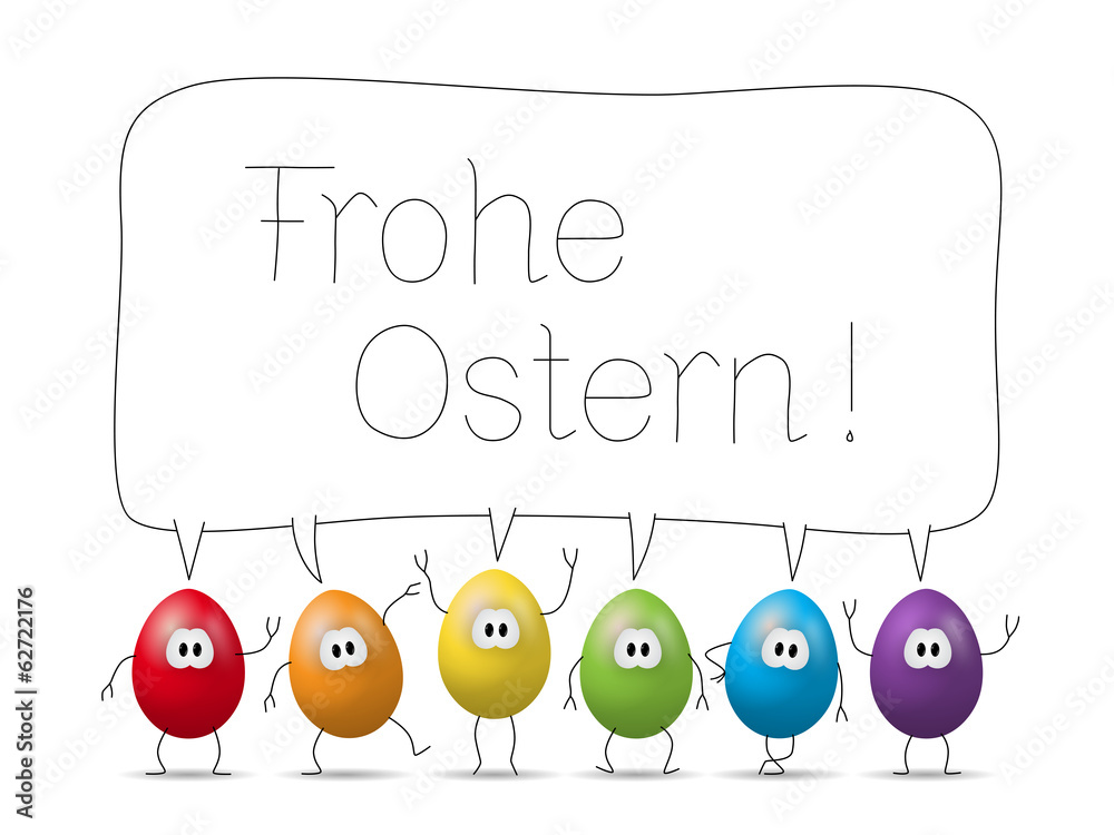 Lustige bunte Comic-Eier mit Sprechblase "Frohe Ostern!" Stock ...