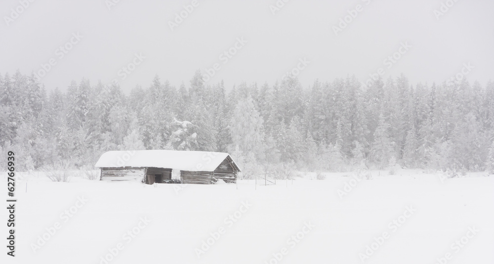 Old farm house in front of snowy forest at winter Stock Photo | Adobe Stock