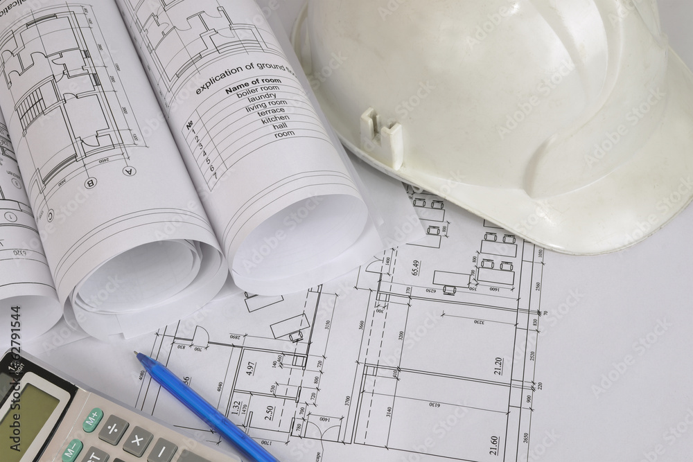 Construction drawings. Workplace architect Stock Photo | Adobe Stock