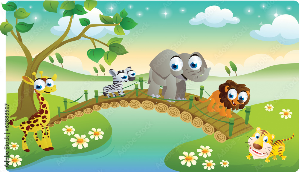 cartoon animals playing with beautiful scenery Stock Illustration ...