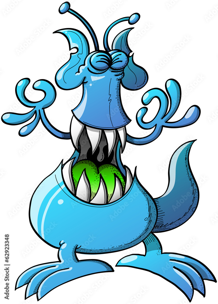Blue alien with pointy ears, a big mouth, two antennae and sharp teeth ...