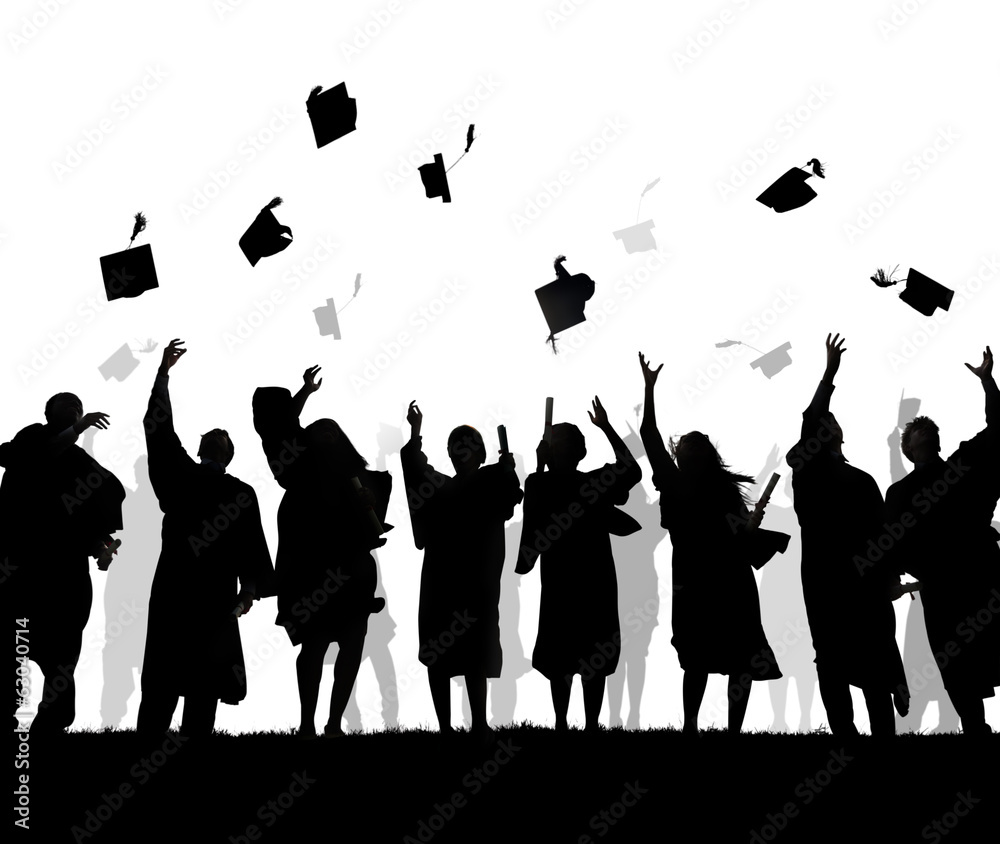 Silhouette of Graduating Students Throwing Caps In The Air Stock Photo ...
