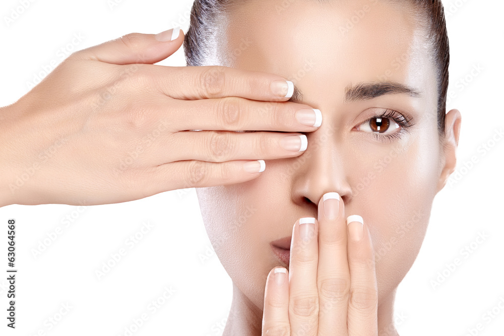 Beautiful Spa Girl with Hands on Her Face. Skincare concept Stock Photo ...