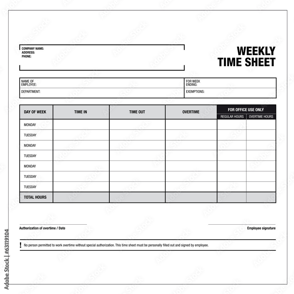 Employee Weekly Time Sheet Template Stock Vector Adobe Stock Employee Weekly Time Sheet Template Stock Vector Adobe Stock