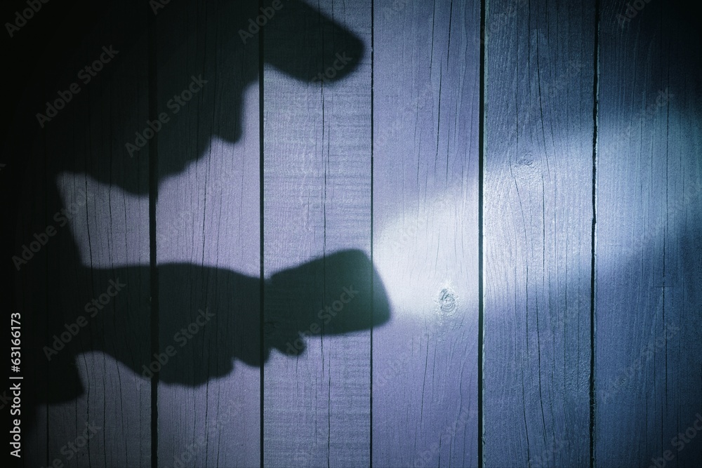 Human silhouette with flashlight in shadow on wood background, X Stock ...