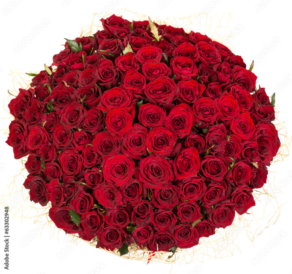 Big bouquet of red rose flowers isolated on white background, top view ...