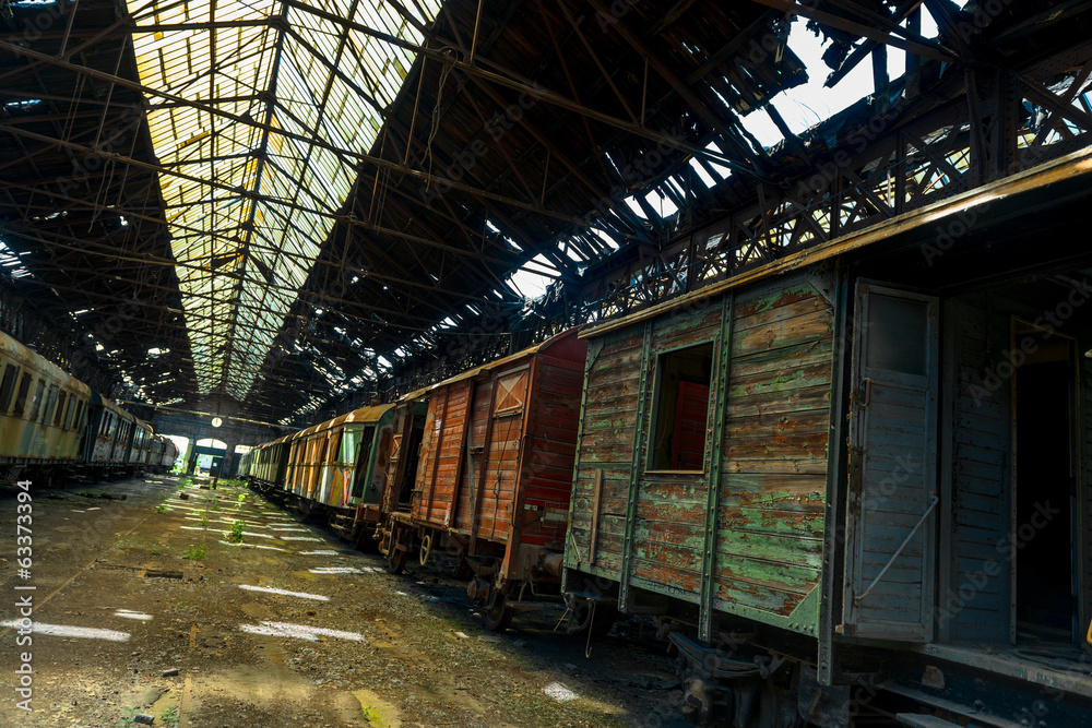 Cargo trains in old train depot Stock Photo | Adobe Stock
