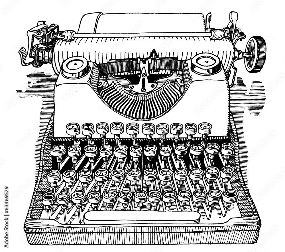 Vintage typewriter front view drawing ink isolated on white back ...