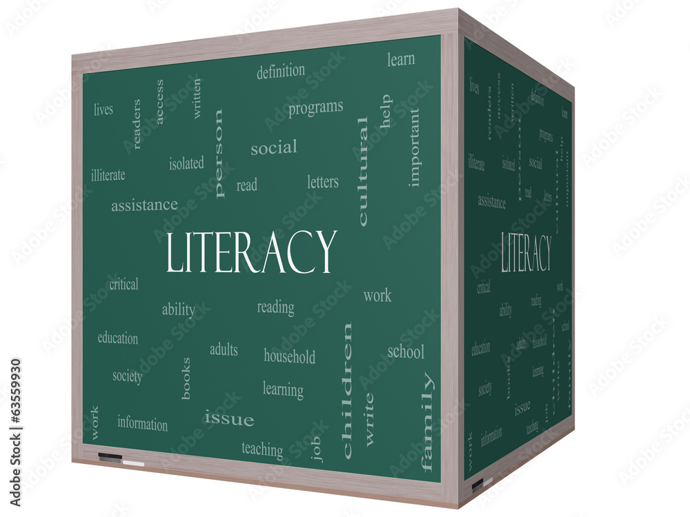 Literacy Word Cloud Concept on a 3D cube Blackboard Stock-Illustration ...