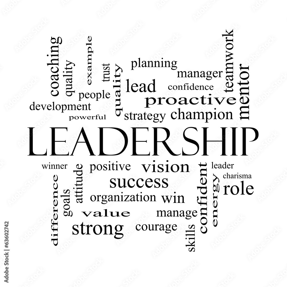 Leadership Word Cloud Concept in black and white Stock Illustration ...