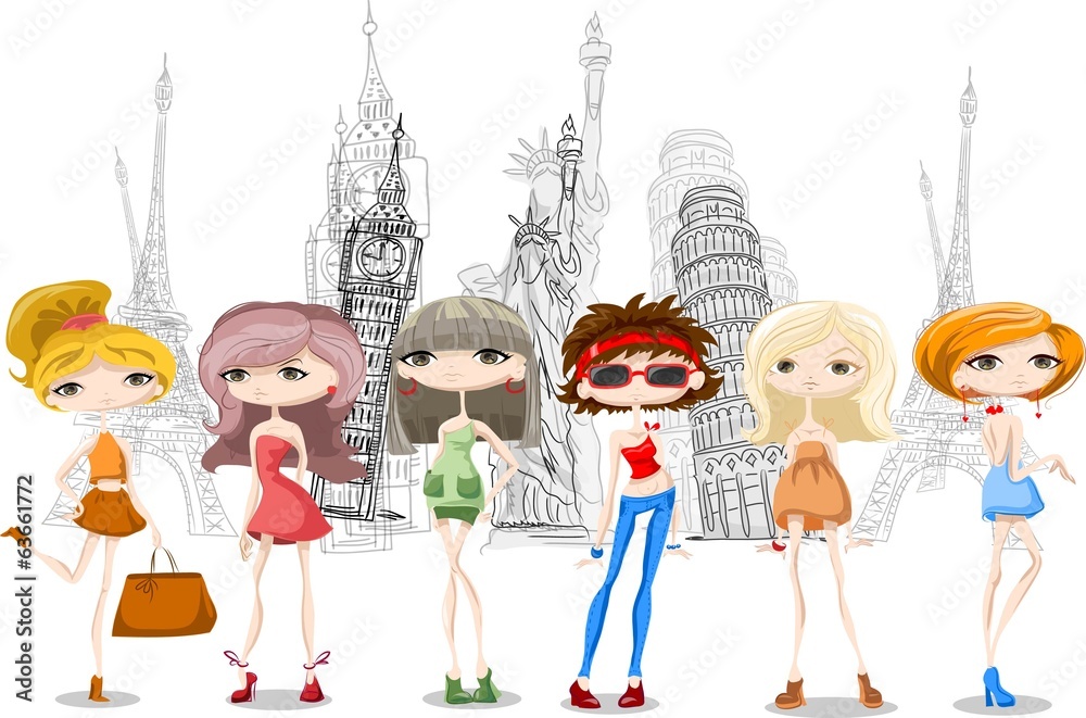 Модные девушки в разные страны, вектор фон Stock-Illustration | Adobe Stock