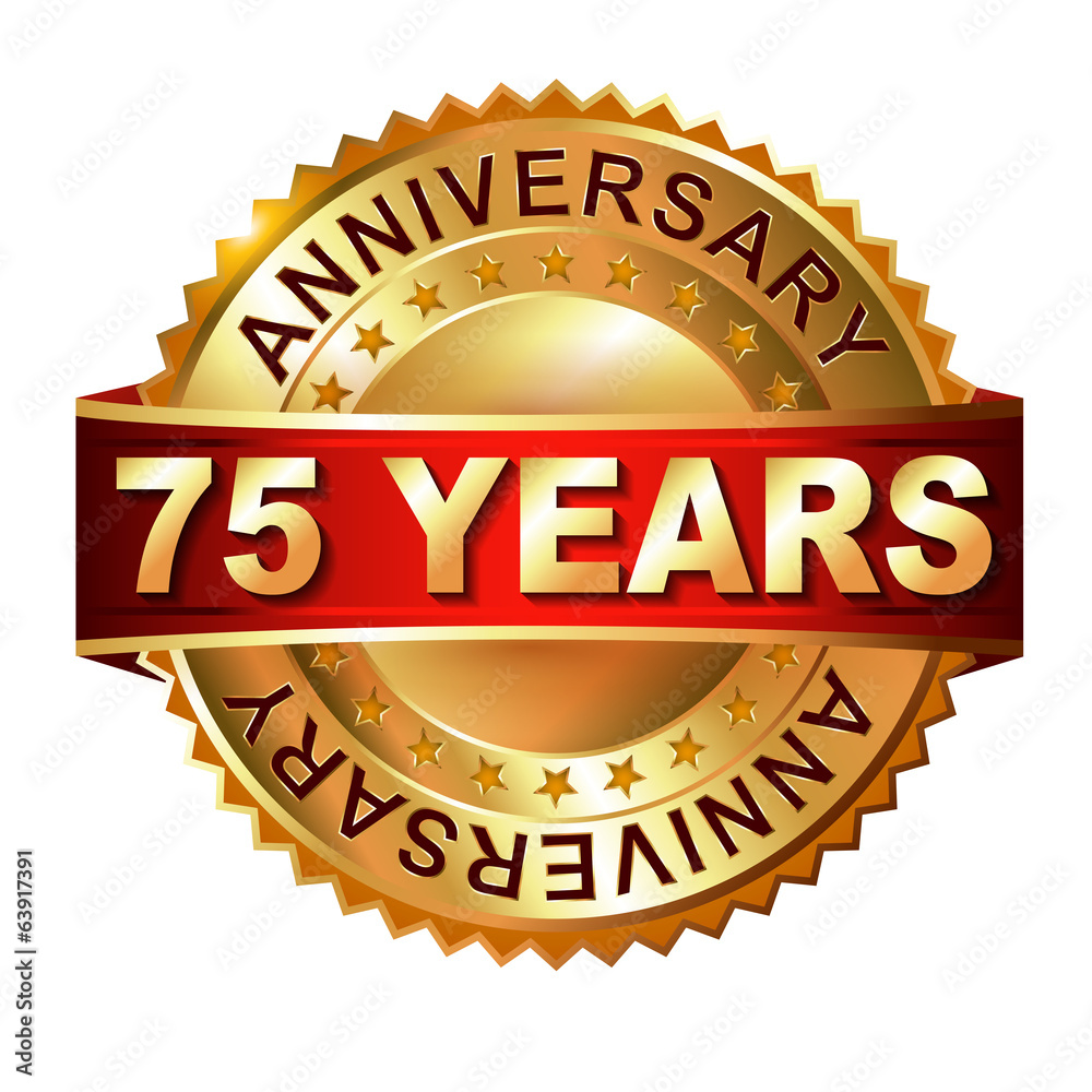 75 years anniversary golden label with ribbon. Stock Illustration ...