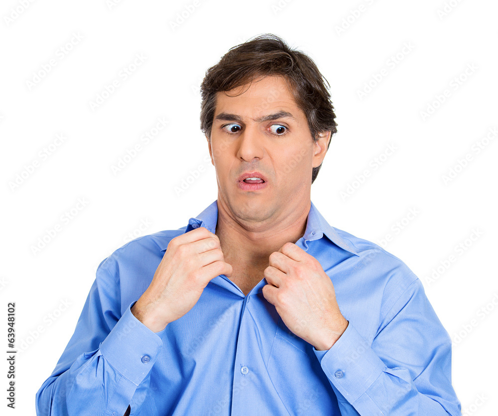 Awkward situation, man on a hot spot, isolated white background Stock ...