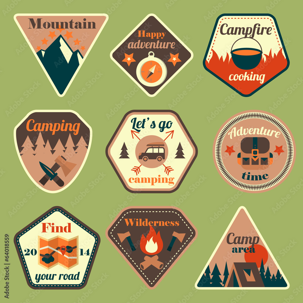 Outdoors tourism camping flat badges set Stock Illustration | Adobe Stock