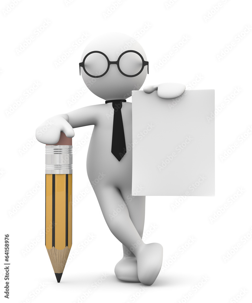 omino bianco appoggiato alla matita con foglio Stock Illustration ...