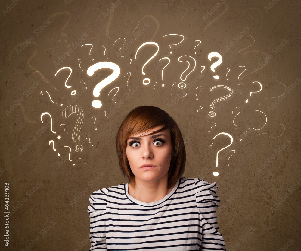 girl with question mark symbols around her head Stock Photo | Adobe Stock