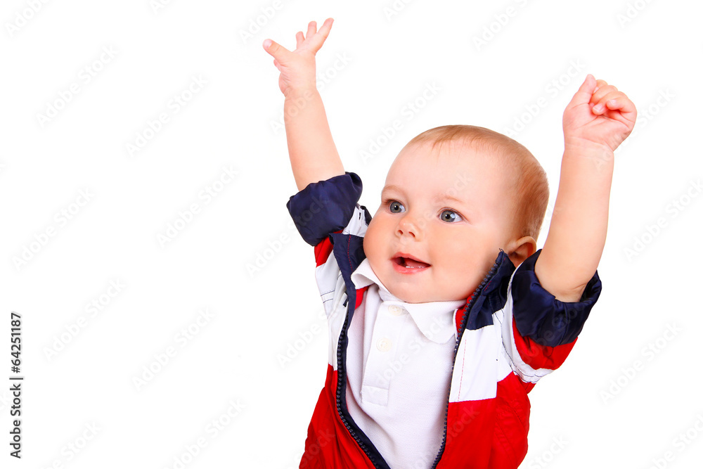 child boy with hands up isolated on white background Stock Photo ...