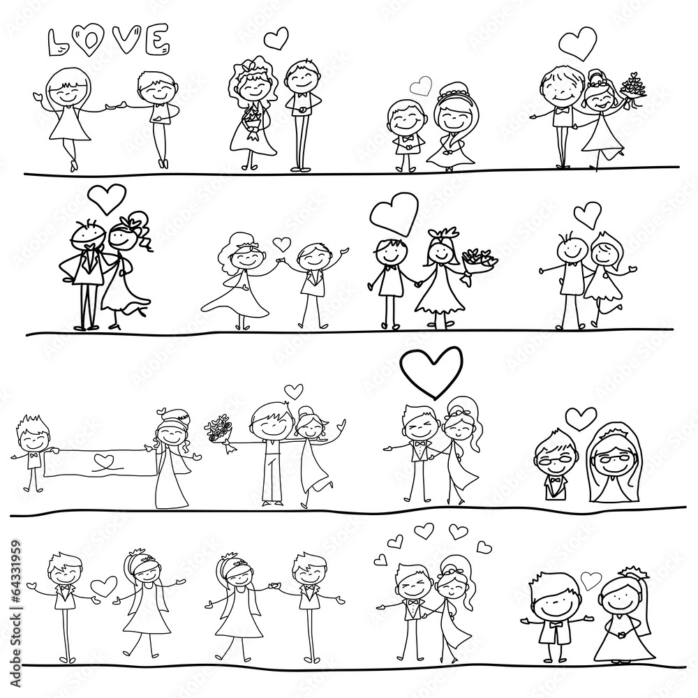 hand drawing cartoon happy wedding Stock Vector | Adobe Stock