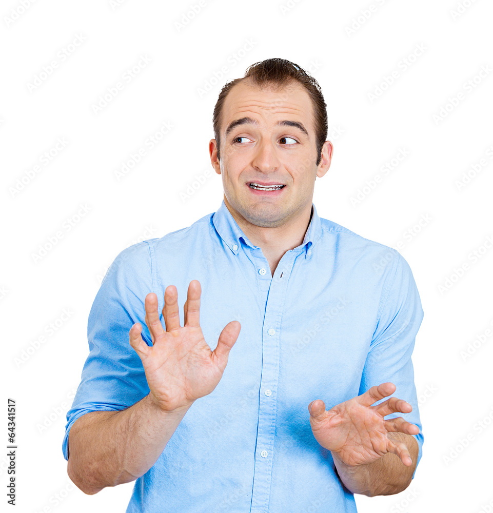 Yikes, stop it. Young man in awkward situation white background Stock ...