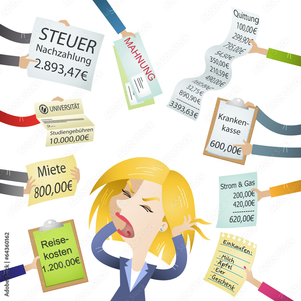 Frau, Schulden, Rechnungen, Stress, Gläubiger Stock-Vektorgrafik ...