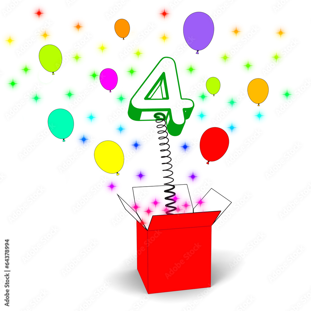 Number Four Surprise Box Shows Sparkling Confetti And Colourful Stock ...