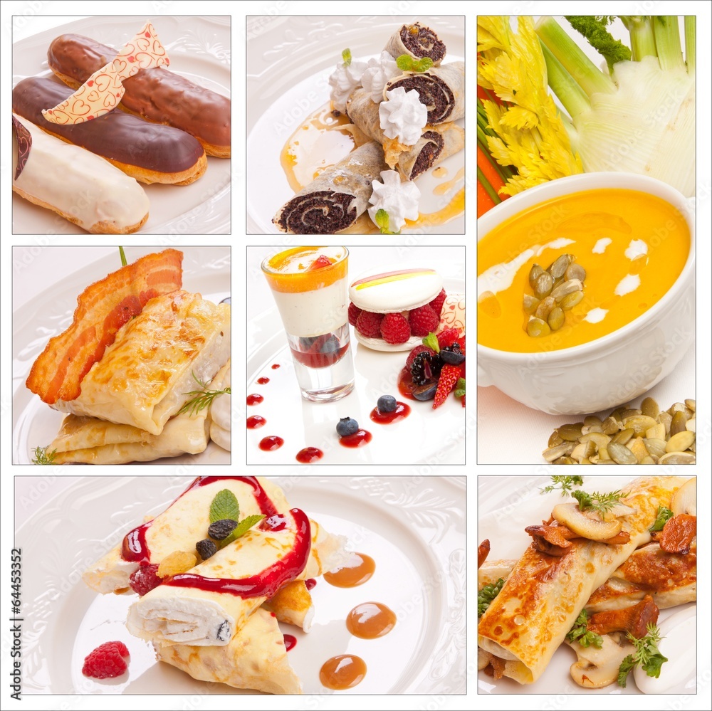Food Collage from various kinds of restaurant menu dishes Stock Photo ...
