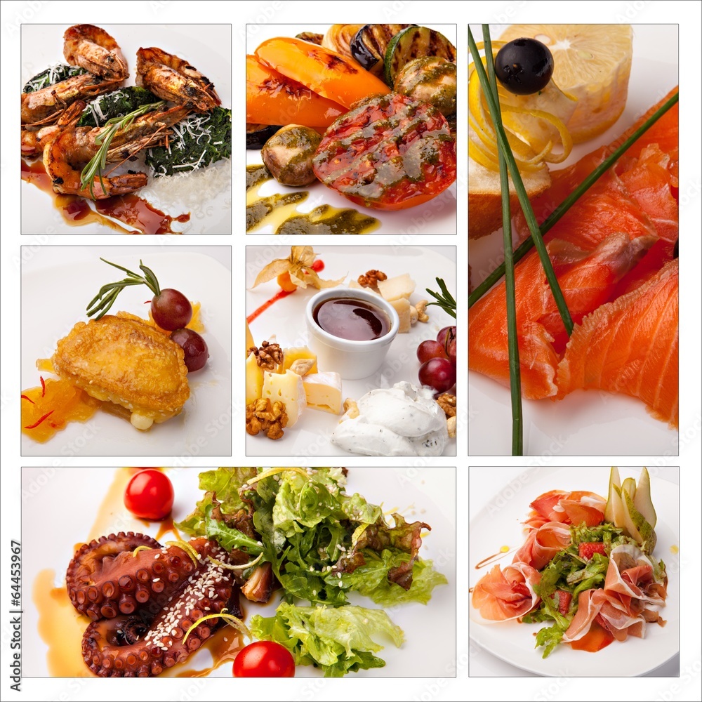 Food Collage from various kinds of restaurant menu dishes Stock Photo ...