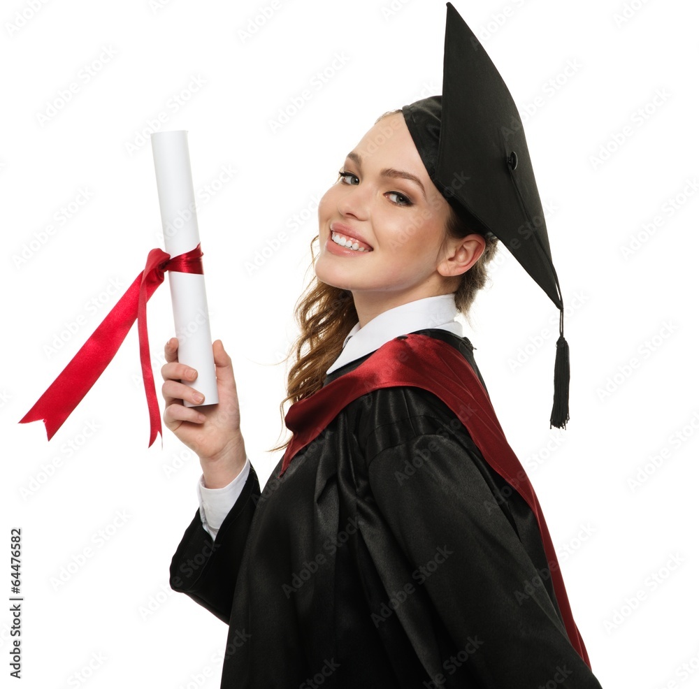 Happy graduated student girl with scroll isolated on white Stock Photo ...