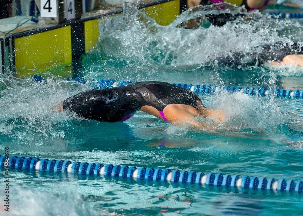Female swimmer dive into water at the start of a backstroke race Stock ...